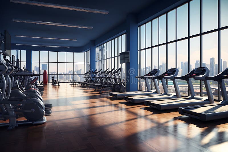 Modern Gym Interior with Rows of Treadmills. 3d Rendering Stock ...