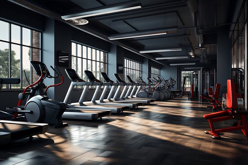 Modern Gym Interior with Rows of Treadmills. 3d Rendering Stock ...