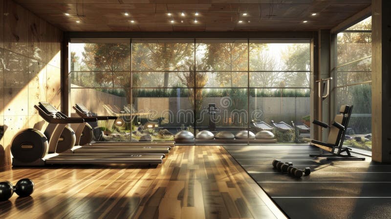 Modern Gym Interior with Sunlit Garden View, Generative AI Stock Image ... Modern Gym Interior with Sunlit Garden View, Generative AI Stock Image ...