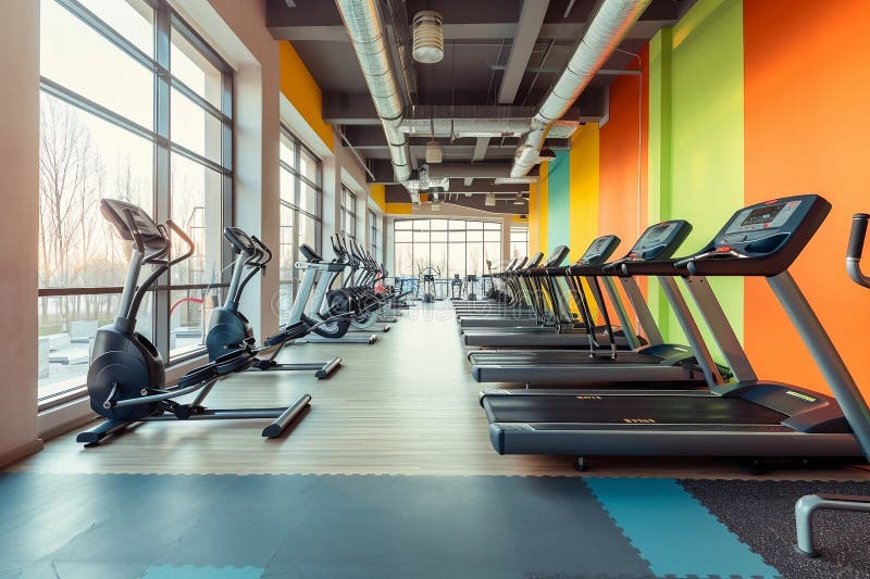 Modern Gym Interior with Treadmills and Elliptical Machines Aligned in ...