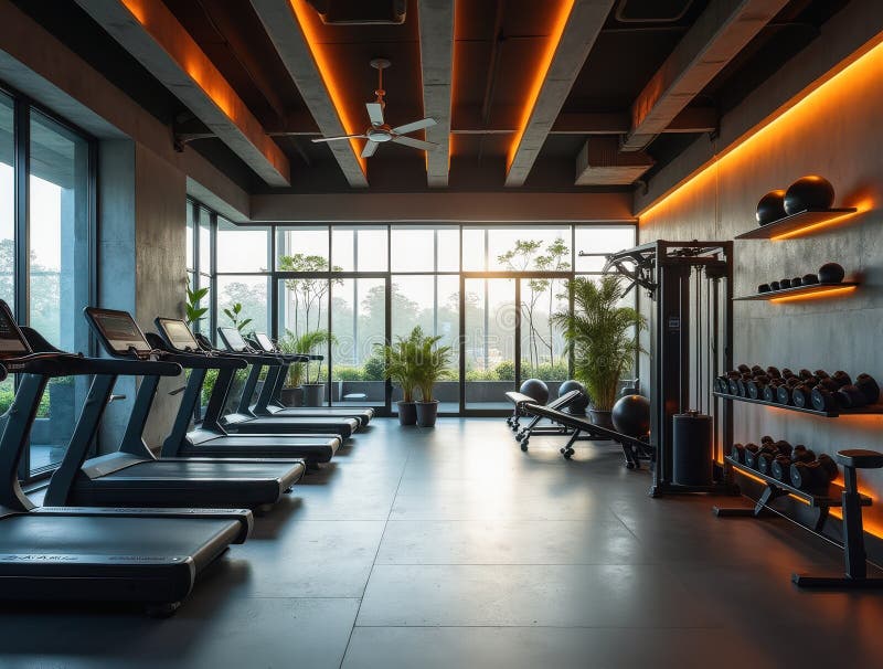 Modern Gym Interior with Treadmills and Weights Showing Orange Lights ...