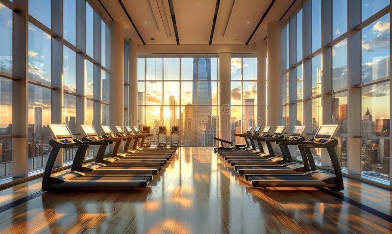Modern Cityscape Gym with Treadmills during Sunset Stock Image - Image ...