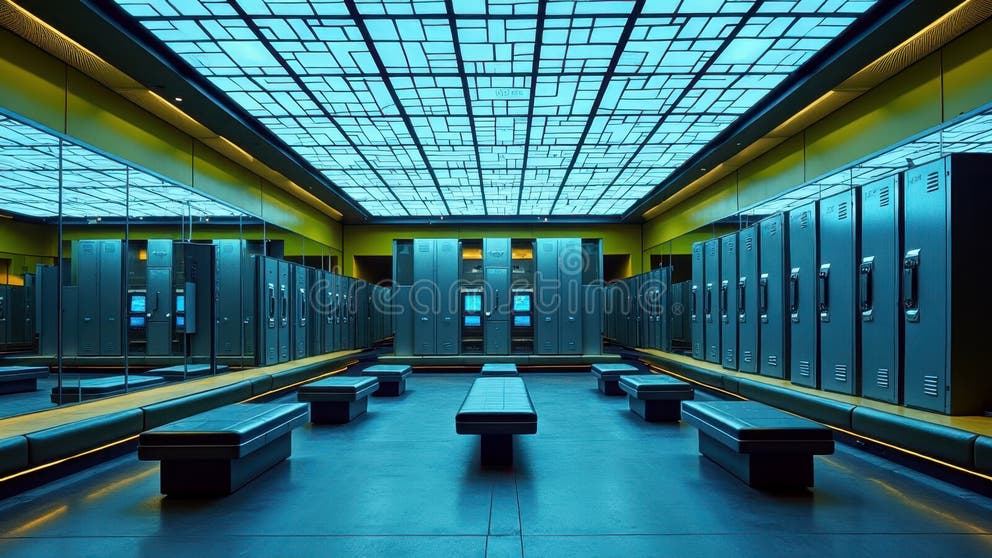 Modern Gym Locker Room with Benches and Illuminated Ceiling Design ...
