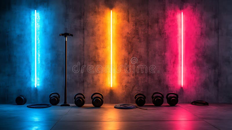 A Modern Gym with Neon Lights and Weights Stock Illustration ...