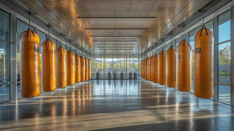 Spacious Gym Interior Featuring Multiple Hanging Punching Bags ...