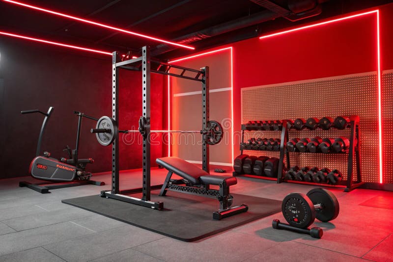 Modern Gym Setup Featuring Weight Bench, Barbell, and Exercise ...