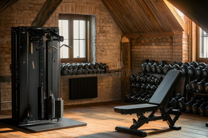 Modern Gym Setup Featuring Weights and Multi-function Equipment in a ...