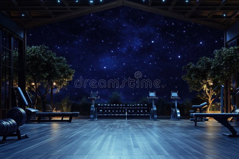 Modern Gym with a Starry Sky View at Night in a Tranquil Setting Stock ...