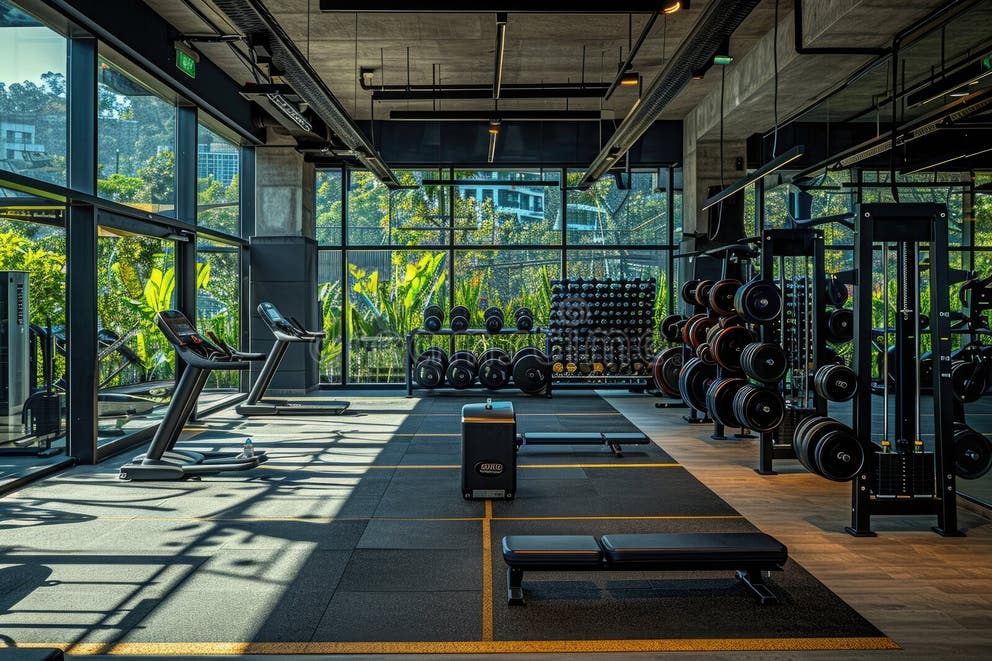 Modern Gym with State-of-the-Art Equipment and Panoramic View Stock ...