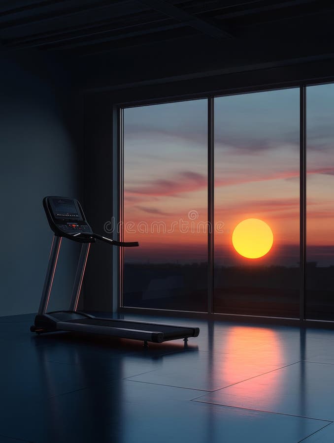 Modern Gym with a Treadmill Facing a Large Window with a Sunset View ...