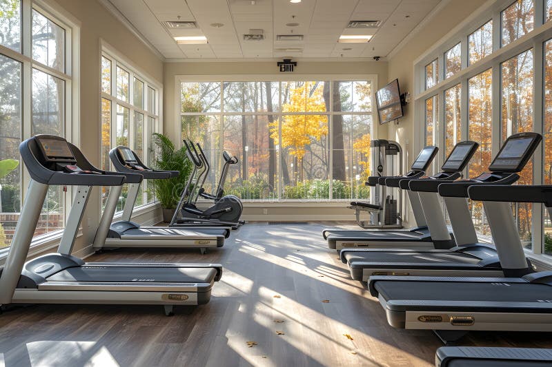 Modern Gym with Treadmills and Elliptical Machines Overlooking Autumn ...