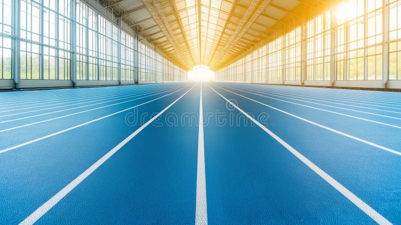 Modern Gymnasium Features Blue Running Track Illuminated by Sunlight ...