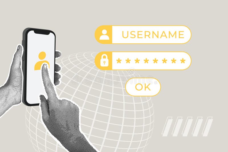 Modern Halftone Collage. Concept of Login and Password for Secure ...