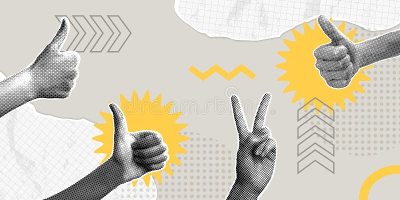 Modern Halftone Collage. Human Hands and Gestures Everything is Great ...