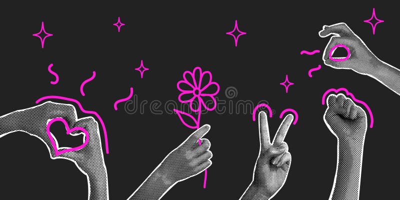 Modern Halftone Collage. Human Hands and Gestures of Love,care, Unity ...