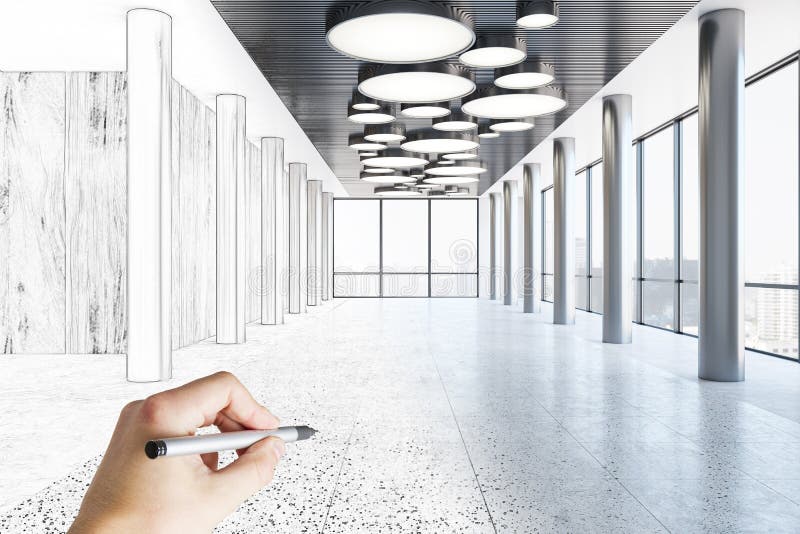 Modern Hall in Business Center Design Project Development with Man Hand ...