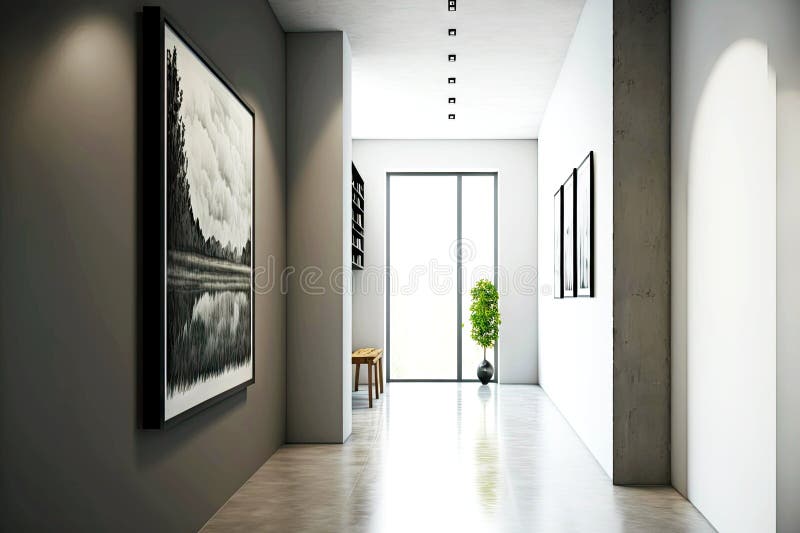 Modern Hall Interior with Empty Gray Wall Stock Illustration ...