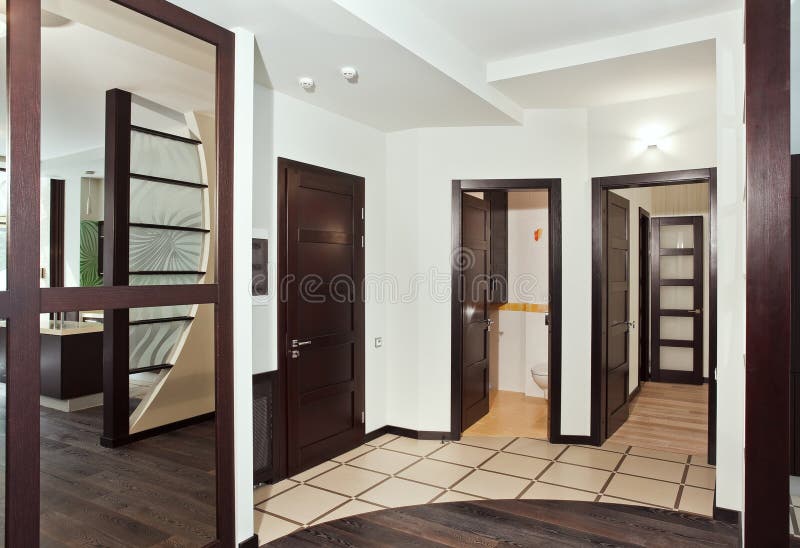 Modern Hall Interior with Many Hardwood Doors Stock Image - Image of ...