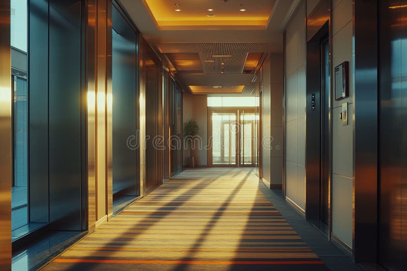 Modern Hallway with Elevator Doors and Warm Sunset Light Illuminating ...