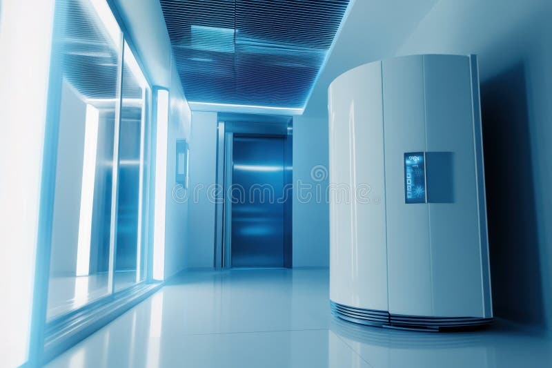 Modern Hallway Featuring a Futuristic Elevator and a Sleek Refrigerated ...