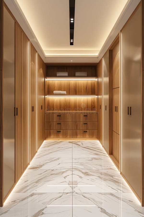 A Modern Hallway Featuring Wooden Cabinets and a Marble Floor Stock ...