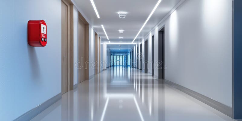 Modern Hallway with Fire Alarm System and Bright Lighting in ...