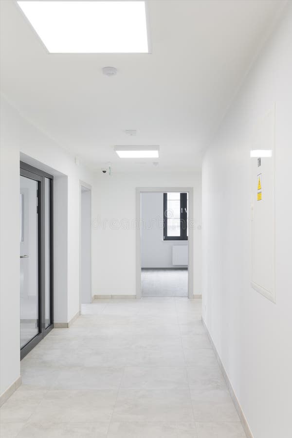 Modern Hallway with Glass Doors and Lighting Fixtures Stock Photo ...