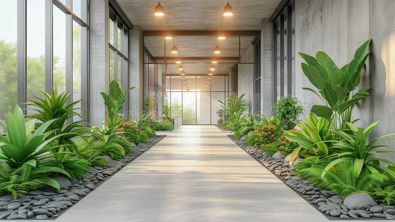 Modern Hallway with Indoor Greenery and Natural Lighting Stock ...