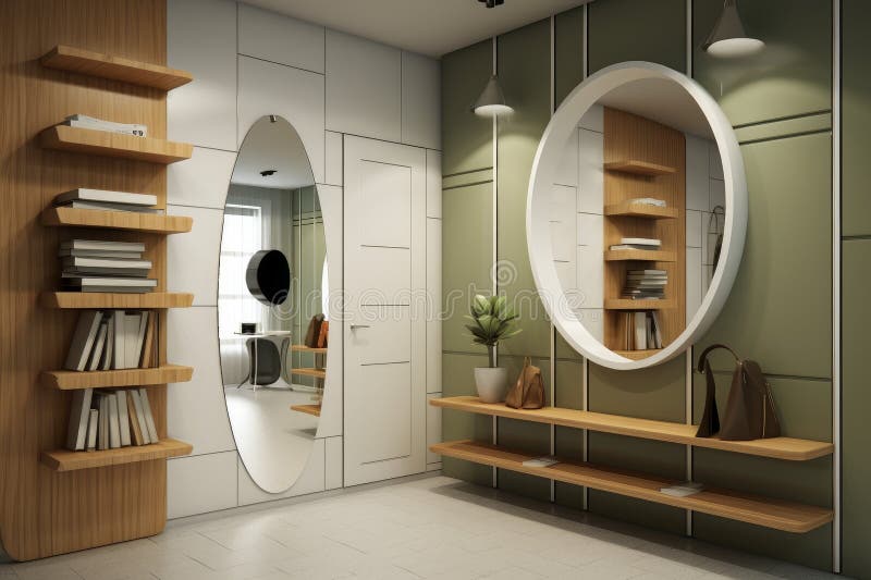 Modern Hallway Interior with Circular Mirror and Shelving Stock ... Modern Hallway Interior with Circular Mirror and Shelving Stock ...
