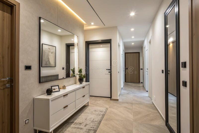 Modern Hallway Interior with Mirror and Storage Unit Stock Illustration ...