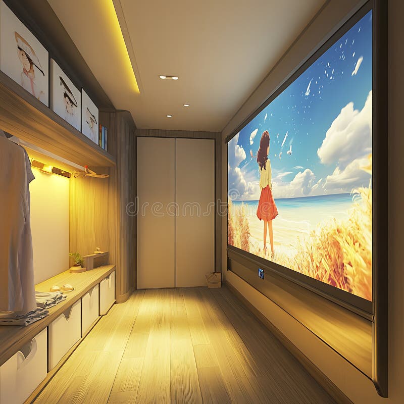 Modern Hallway Interior with a Large TV Screen Displaying a Scenic ...