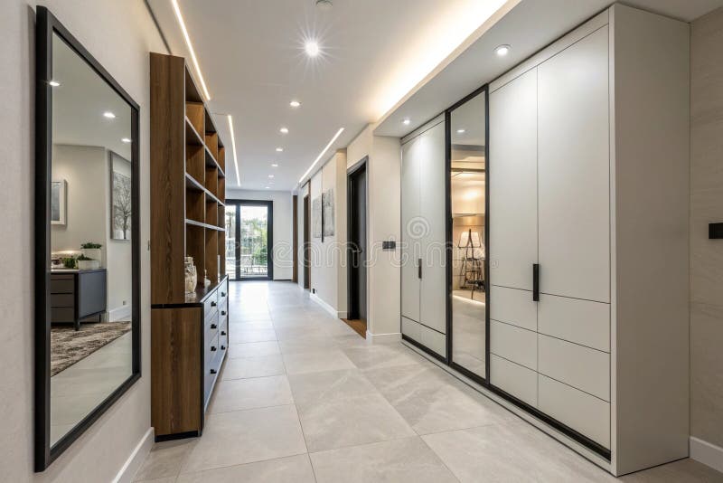 Modern Hallway Interior with Mirror and Storage Unit Stock Illustration ...