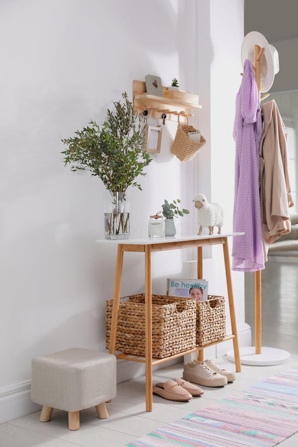 Modern Hallway Interior with Table, Clothes Rack and Key Holder Stock ...