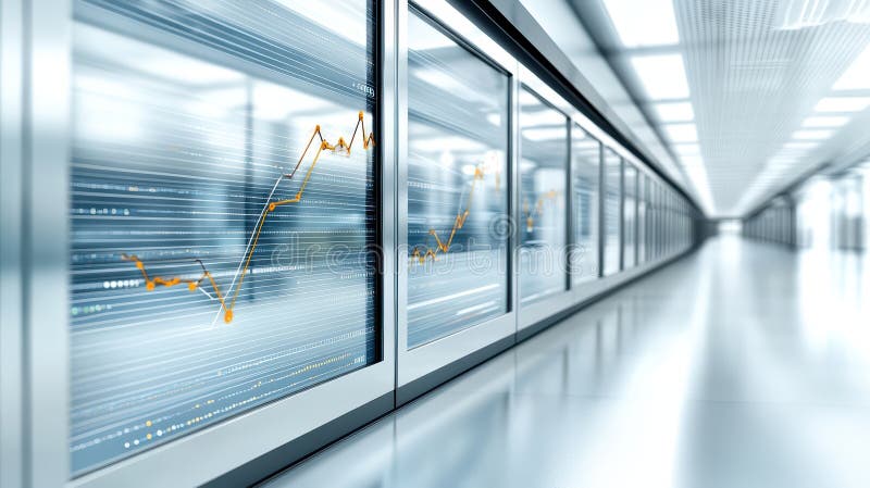 Modern Hallway with Large Digital Display Screen Showcasing Graphs ...