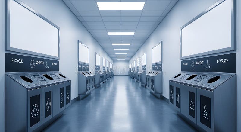 Modern Hallway with Multiple Recycling and Waste Sorting Stations with ...