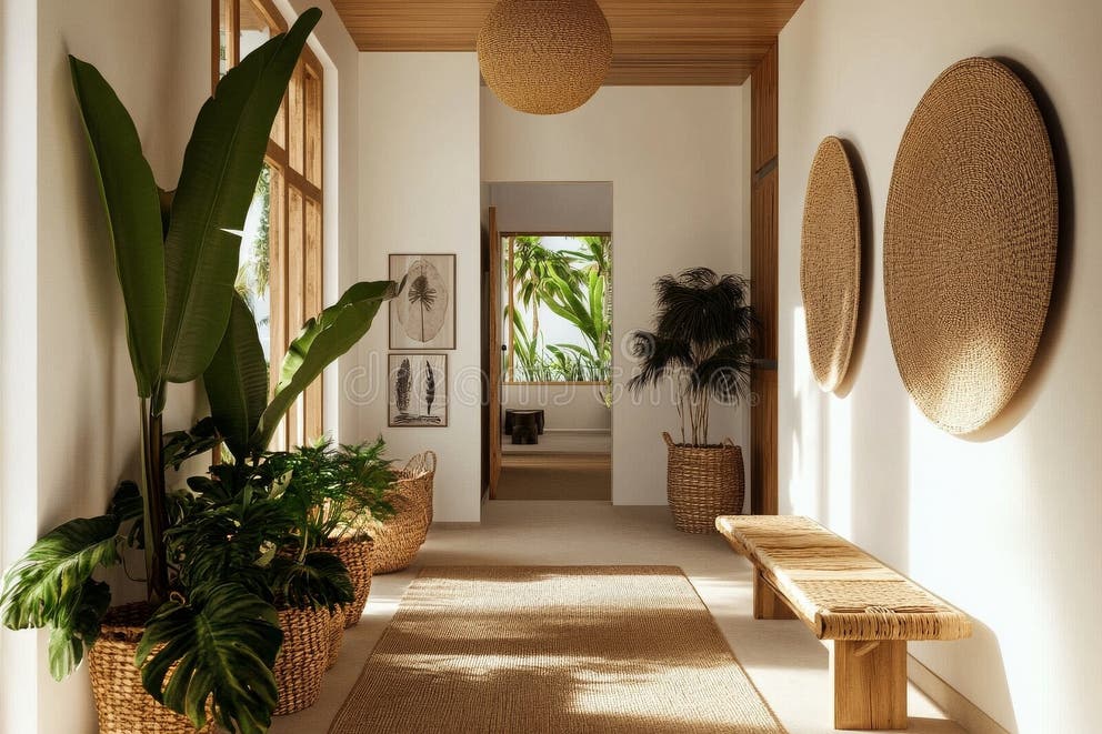 Modern Hallway with Natural Decor and Greenery in a Serene Indoor ...