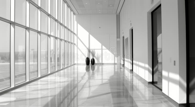 Modern Hallway with Natural Light and Shadows in a Sleek Building ...