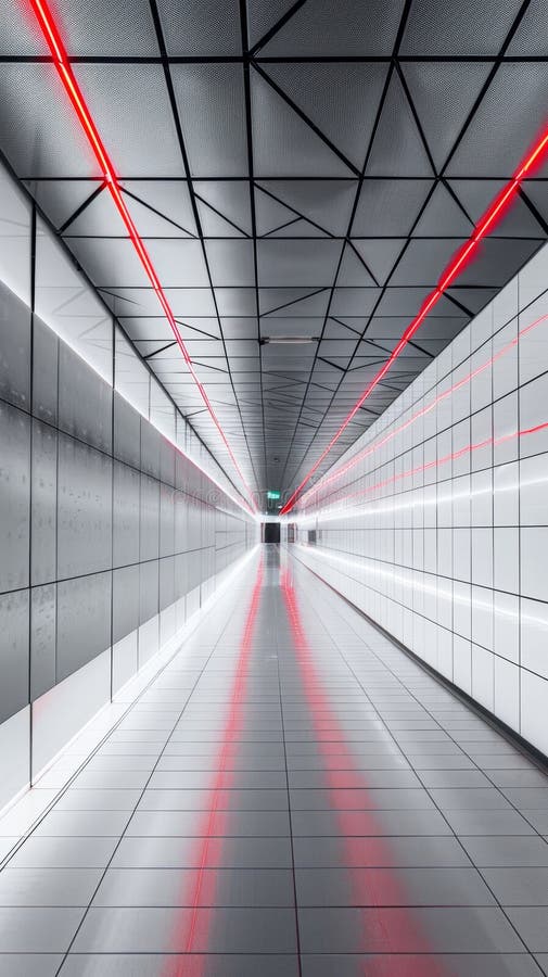 A Modern Hallway with Red Accent Lighting Along the Ceiling, Reflecting ...