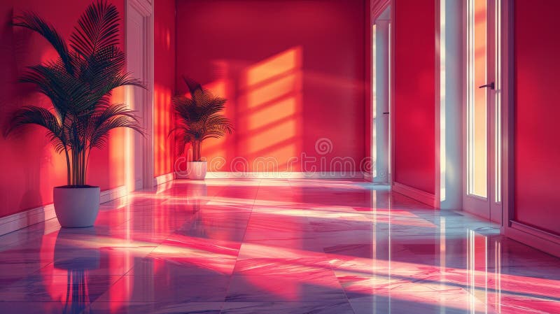 Modern Hallway with Red Walls and Sunlight, Cozy Home Interior Stock ...