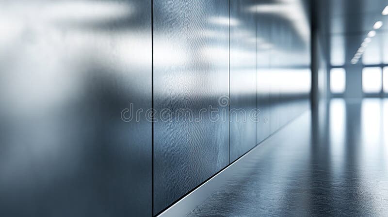 Modern Hallway with Reflective Metallic Walls and Floor, Showing Light ...