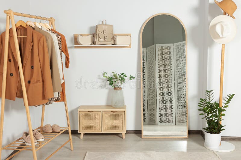 Modern Hallway Room Interior with Large Mirror and Clothing Rack Stock ...