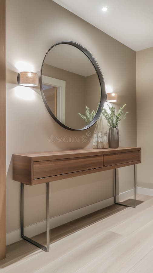 Modern Hallway with Round Mirror Above a Wooden Console Table and ...