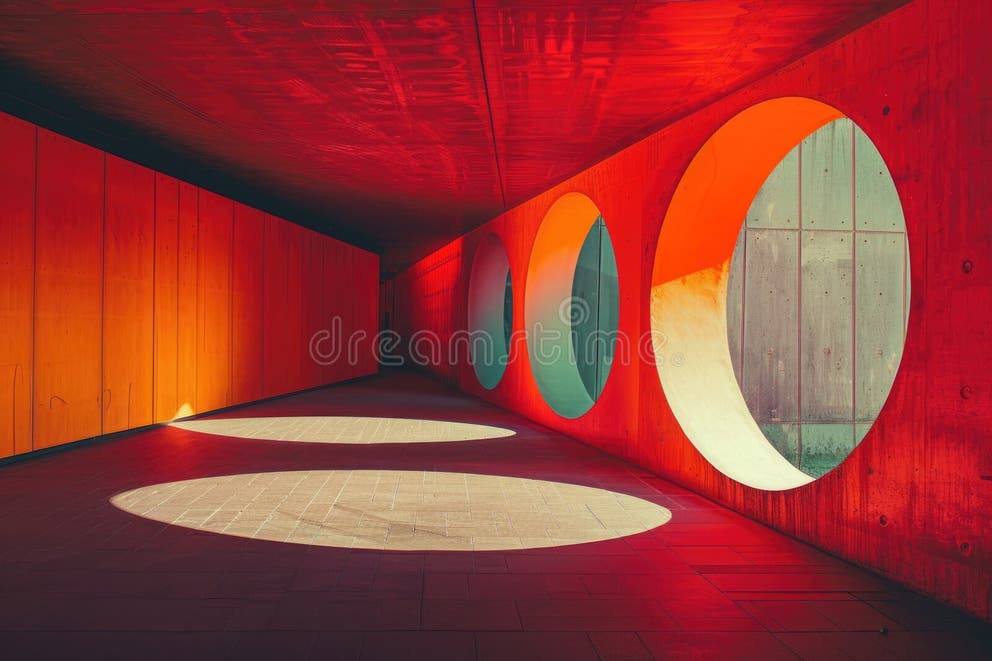 A Modern Hallway with Three Circular Windows and a Brick Floor, Perfect ...