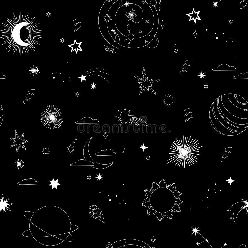 Modern Hand Drawn Vector Seamless Pattern - Cosmos and Planets, Stars ...