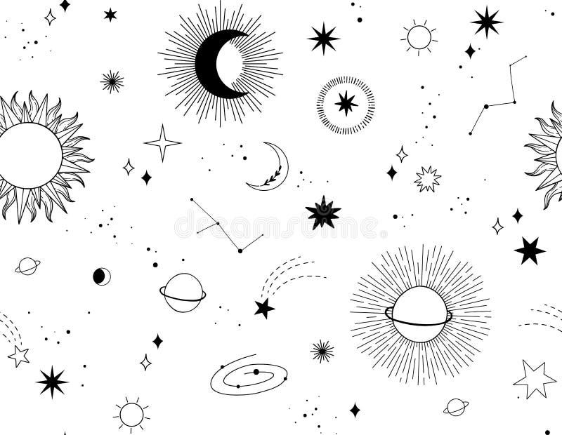 Modern Hand Drawn Vector Seamless Pattern of Planet, Star, Sun, Comet ...