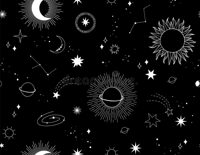 Modern Hand Drawn Vector Seamless Pattern of Planet, Star, Sun, Comet ...
