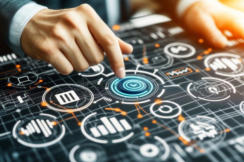 Modern Hand Pressing Tech Button on Interactive Interface with Neon ...