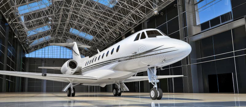 A Modern Hangar with a Modern High-tech Private Jet Standing in it ...