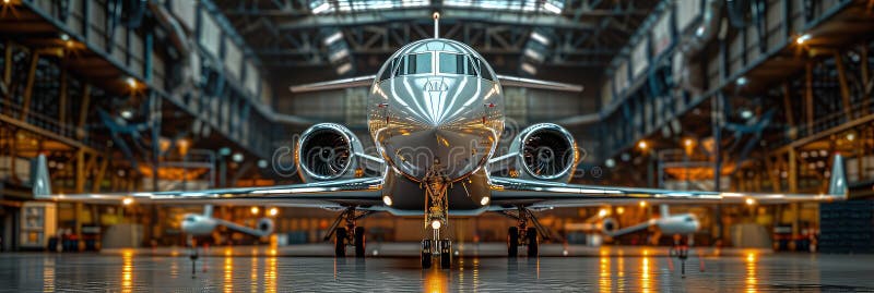 A Modern Hangar with a Modern High-tech Private Jet Standing in it ...