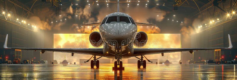 A Modern Hangar with a Modern High-tech Private Jet Standing in it ...